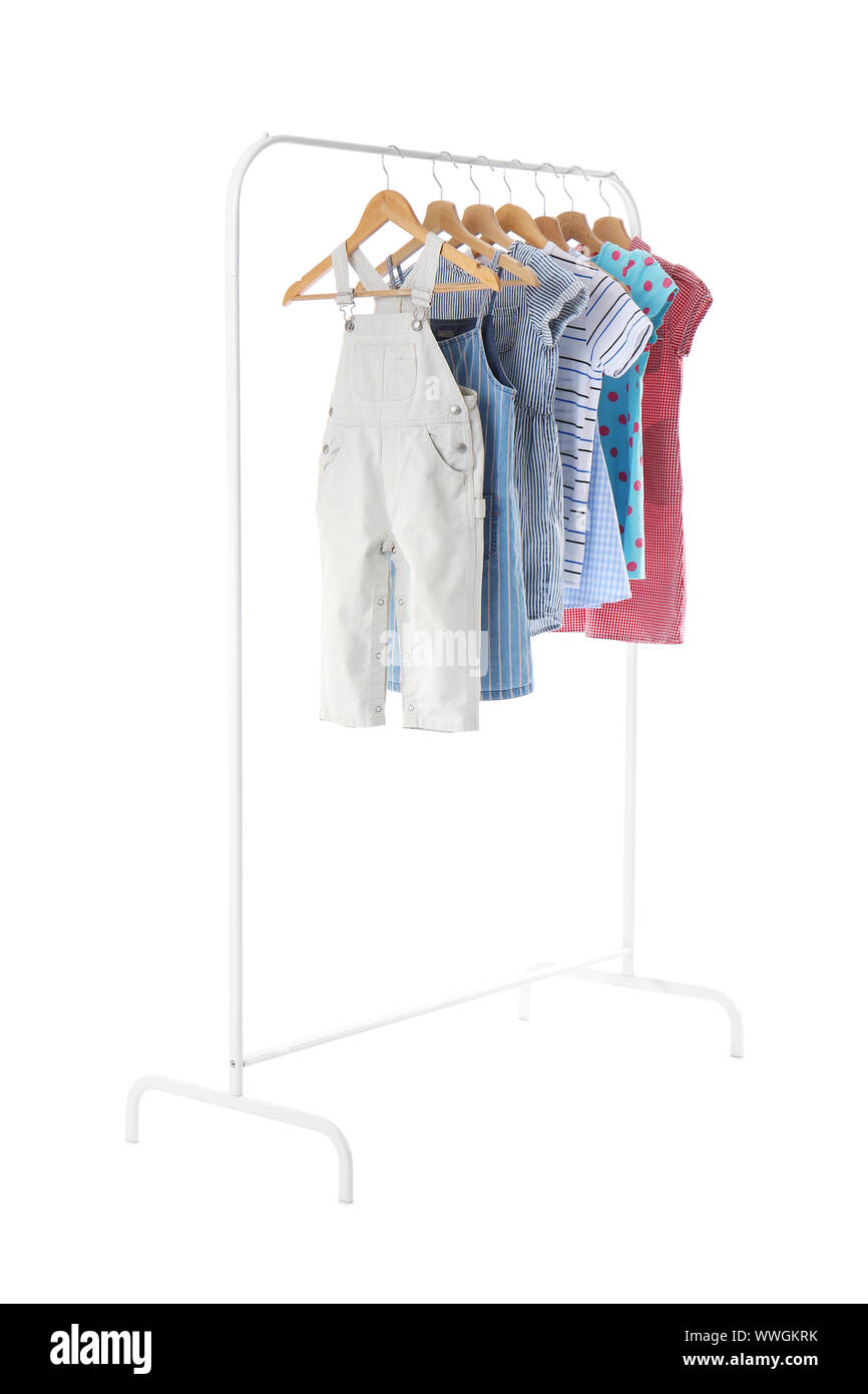Rack with hanging clothes on white background Stock Photo - Alamy