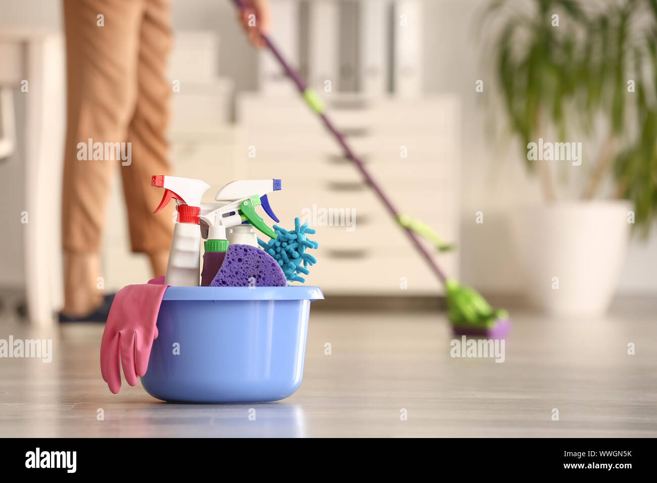 Basin with cleaning supplies on floor in room Stock Photo - Alamy