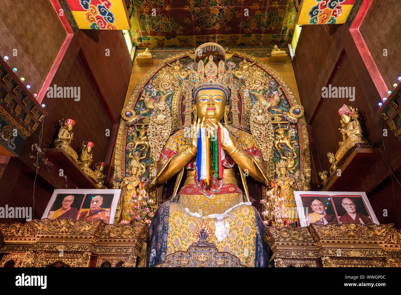 Interior of Maittreya monastery. Boudhanath, Kathmandu, Nepal Stock ...