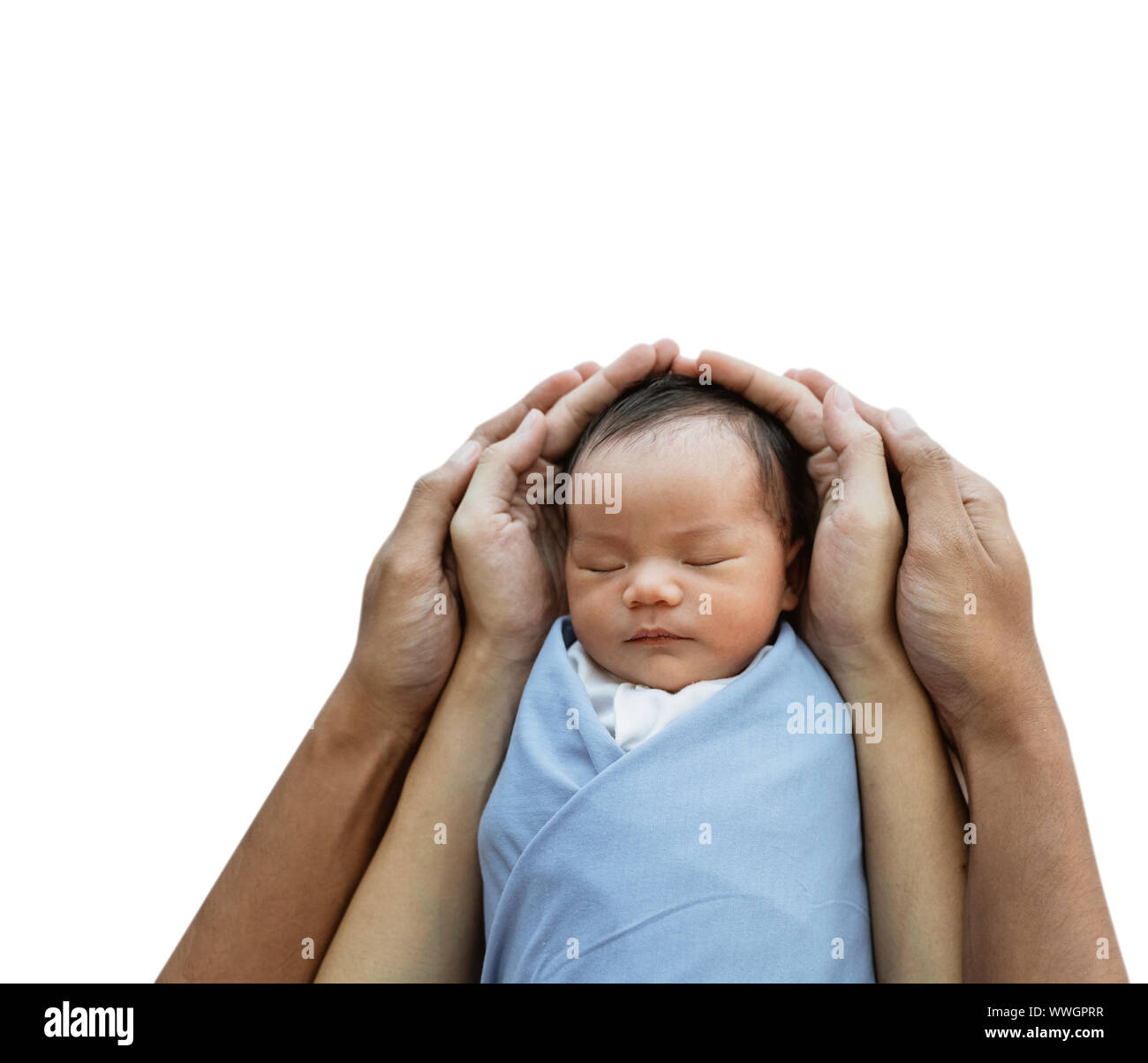newborn baby with blanket in parent hands sleep on the bed. family baby ...
