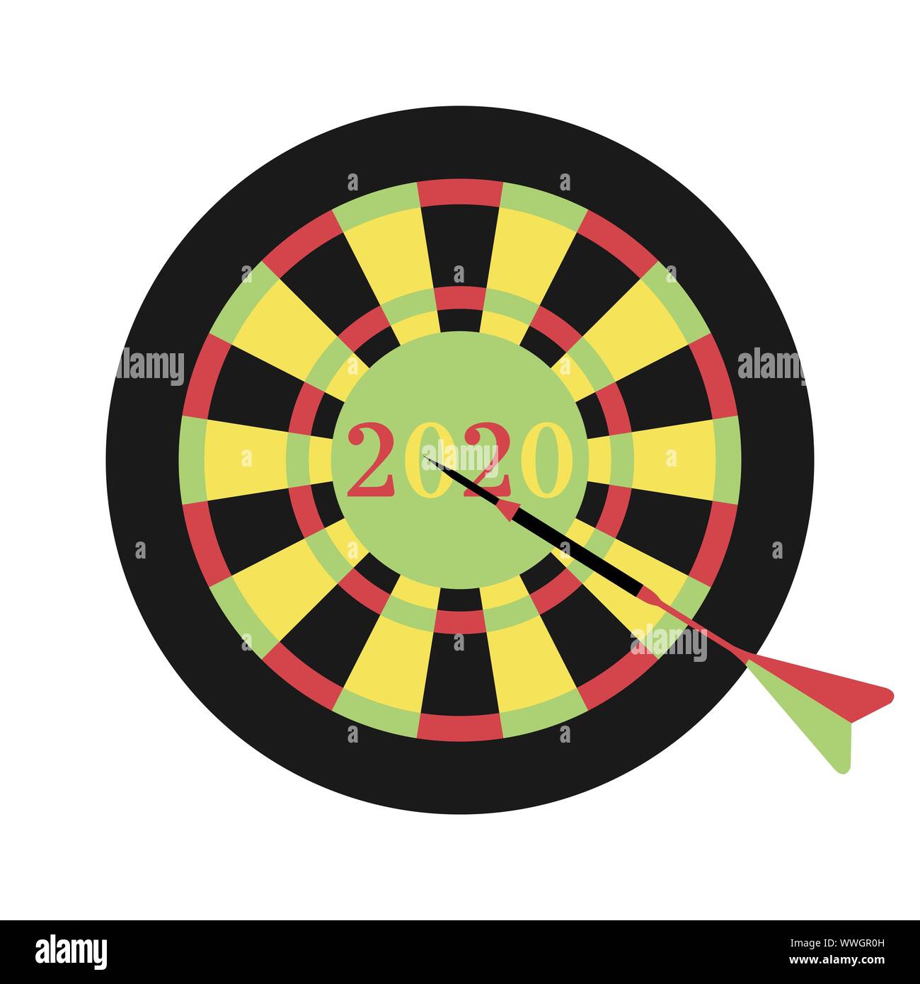 Vector illustration. 2020 target in the middle, dart hit the target ...