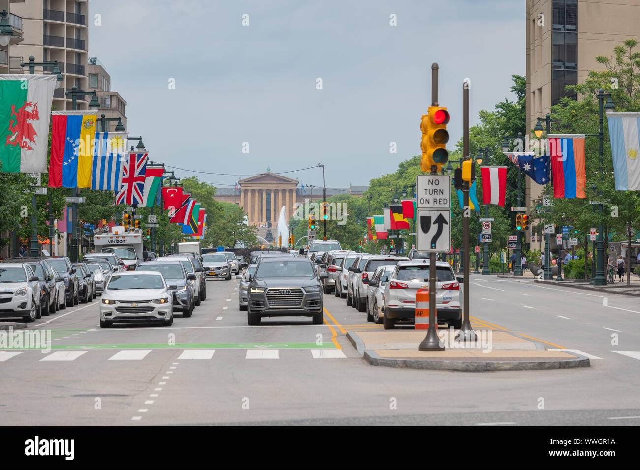 Country flags line Benjamin Franklin Parkway from the junction with ...