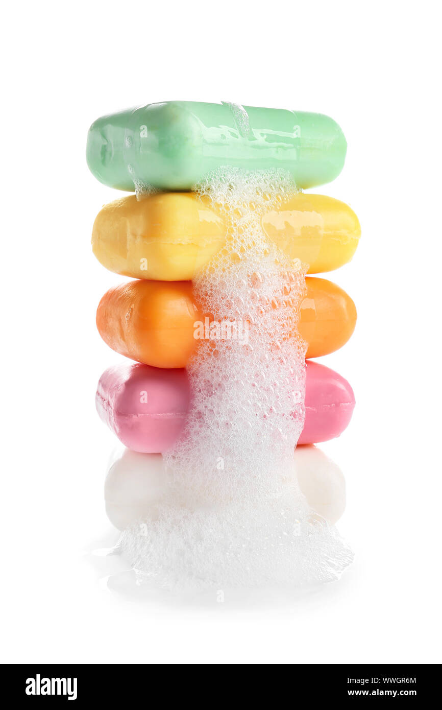 Stack of soap bars on white background Stock Photo - Alamy