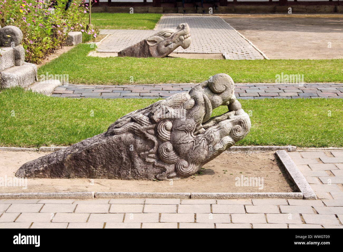 Stone statues of mythical monsters of the Koryo period, Kaesong City ...