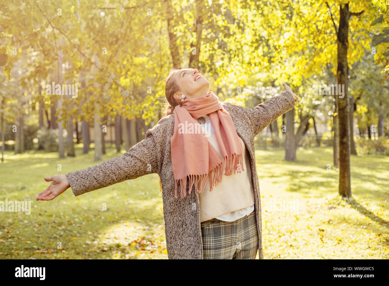 Beautiful Autumn Woman Holding Yellow Maple Leaf Outdoors Romantic