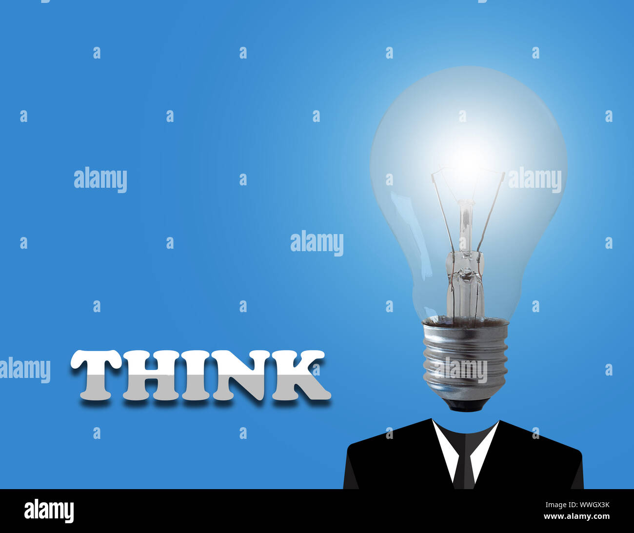 Think big concept, light bulb and business man on blue background Stock ...