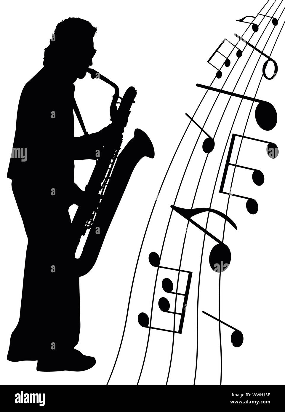 musician and music symbols on white background Stock Photo - Alamy