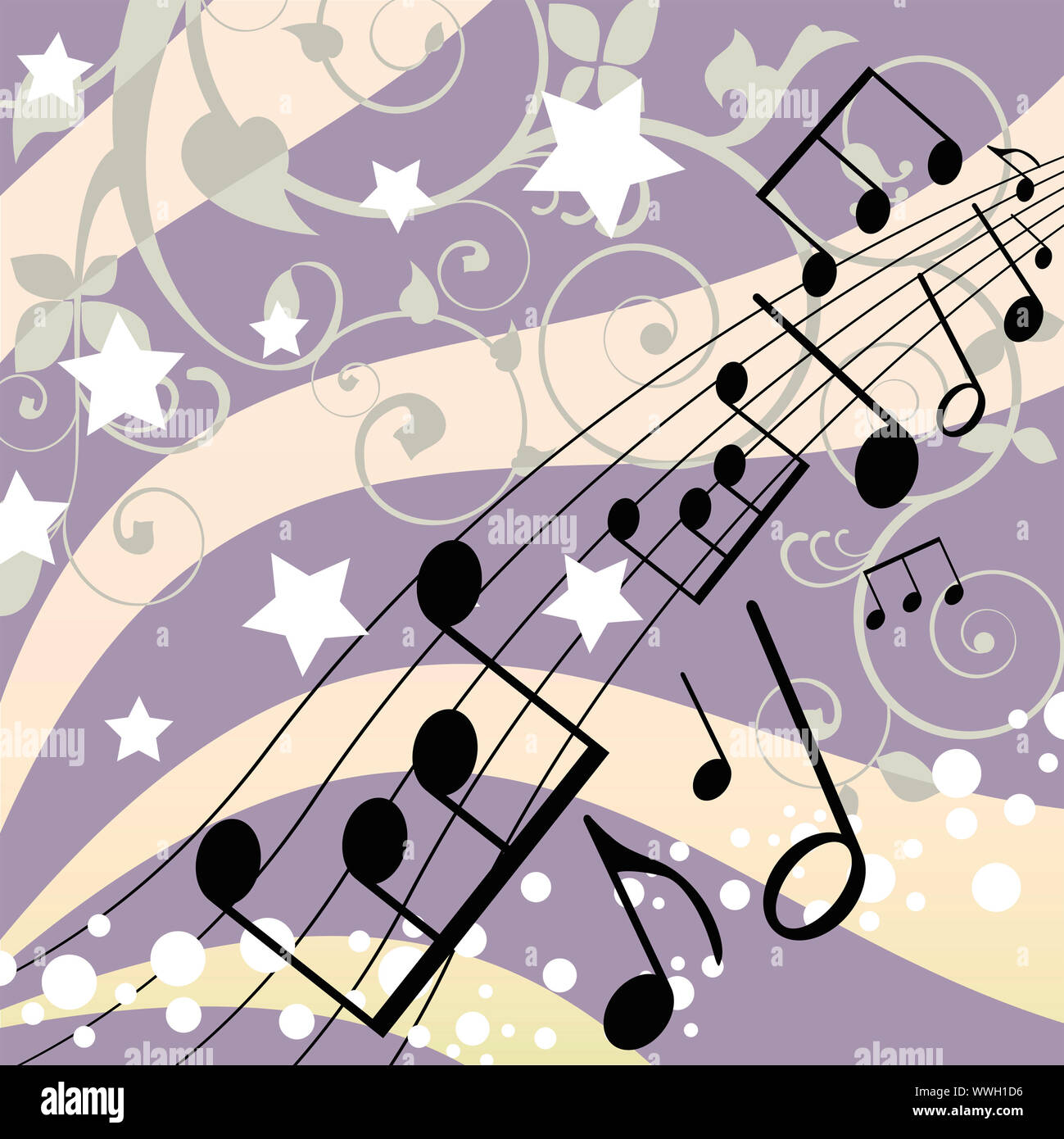 design with foliage elements in retro colours and music symbols Stock ...