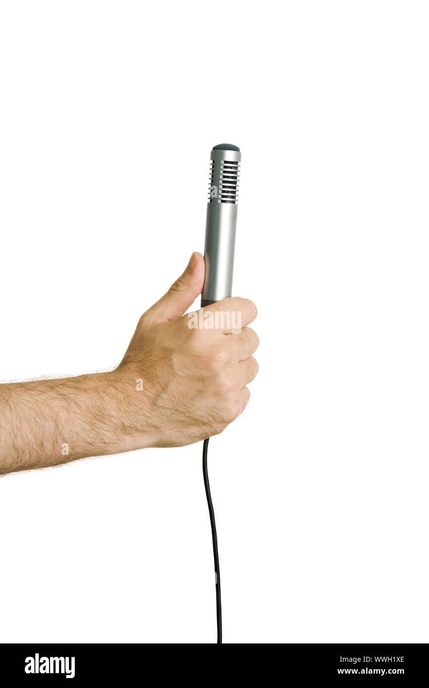 hand of the man with microphone isolated on white background Stock ...