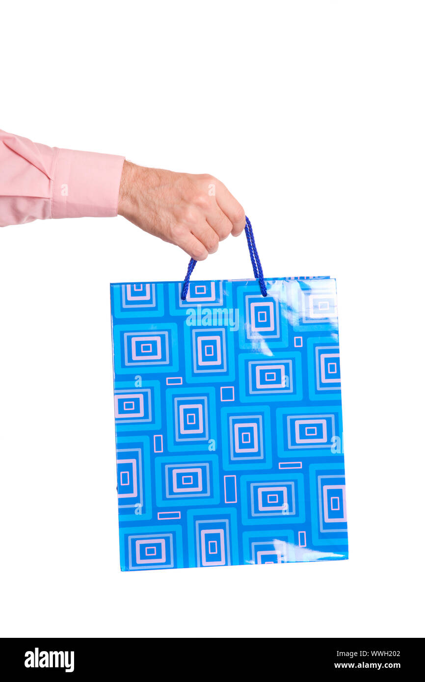 hand with blue pack isolated on white background Stock Photo - Alamy