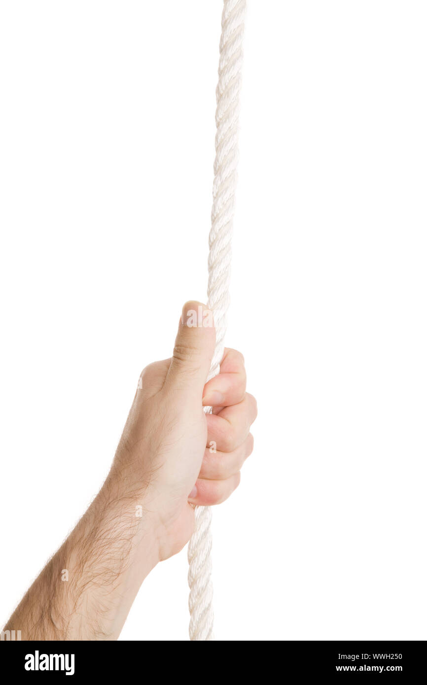 hand with rope isolated on white background, focus point on center of ...