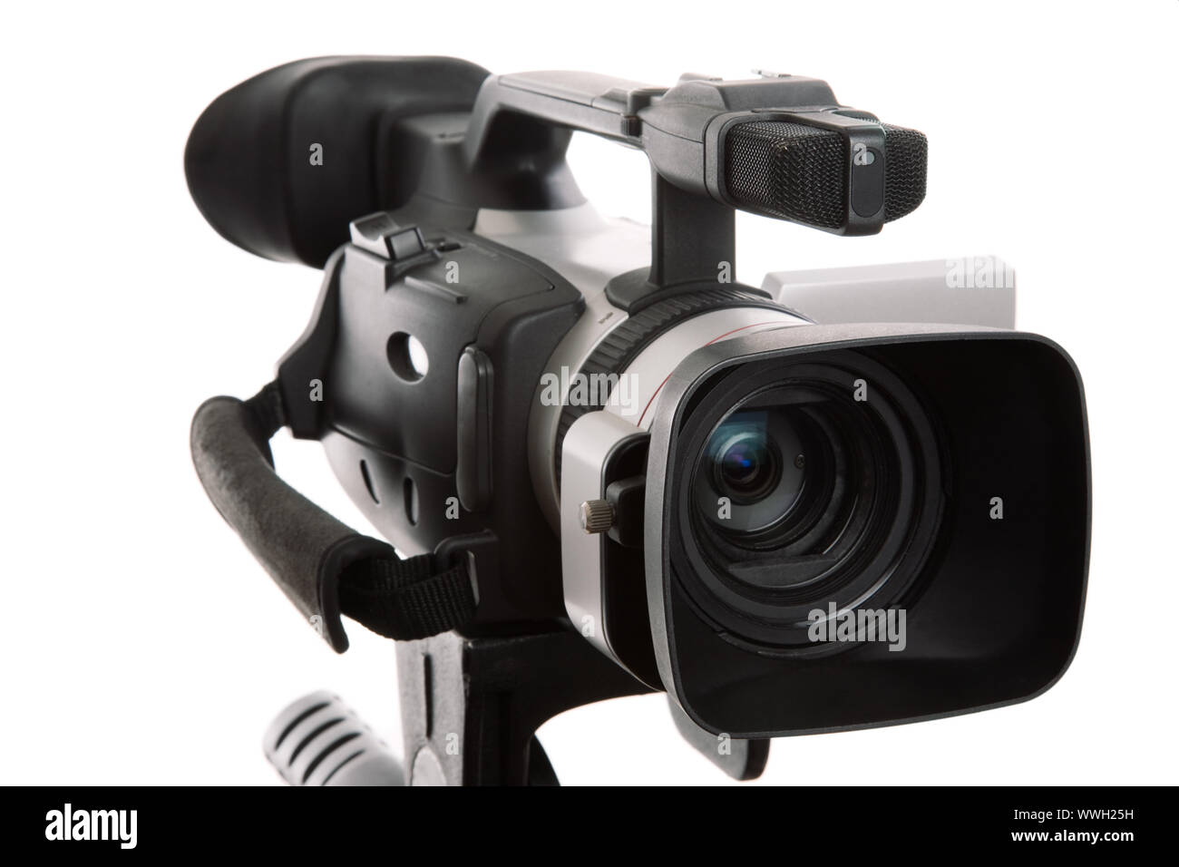 focus point on nearest part of video camera, isolated on white ...