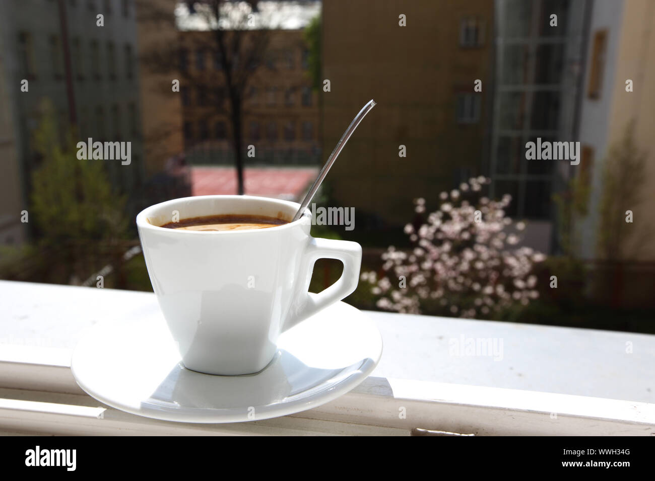 morning coffee on the window sill Stock Photo - Alamy