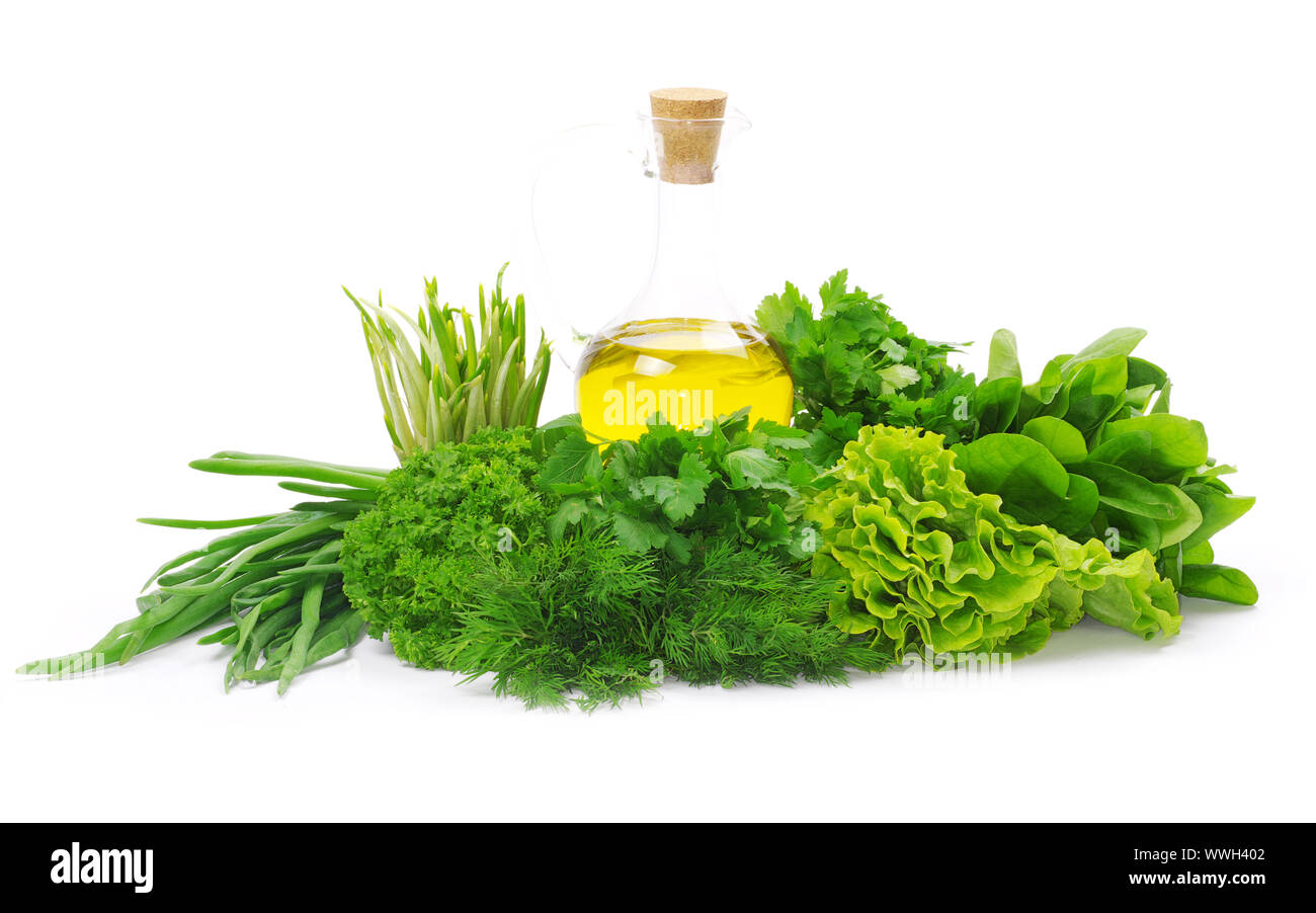 herbs and oil over white Stock Photo - Alamy