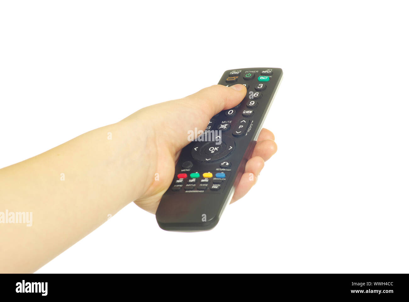 remote control in hand isolated on white background Stock Photo - Alamy