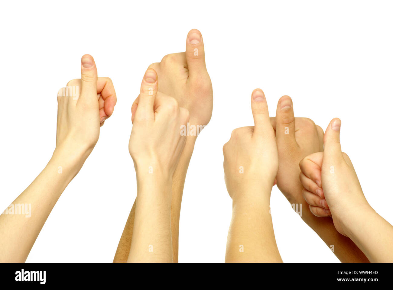 Many hand lifted up on white background Stock Photo - Alamy
