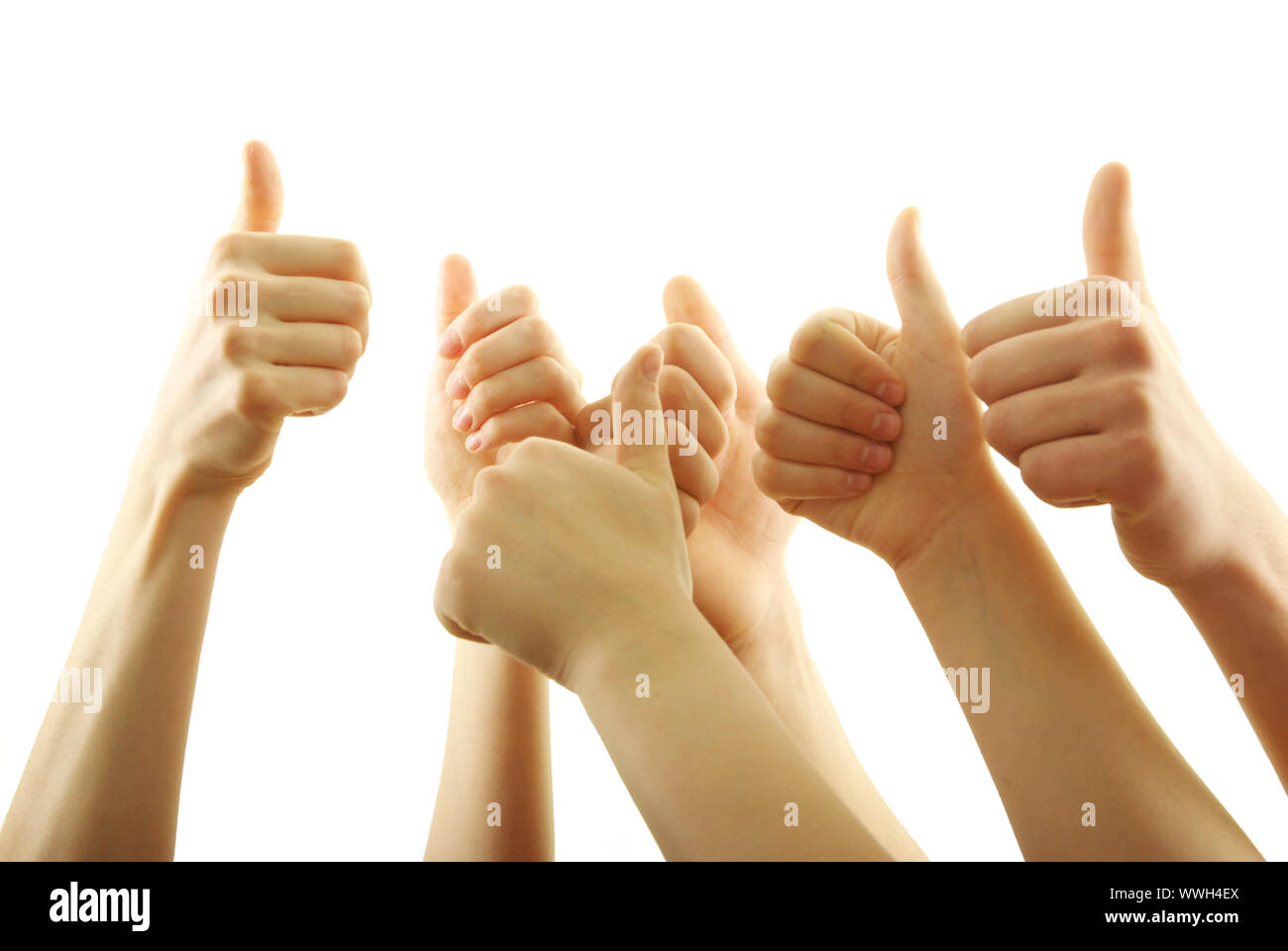 Many hand lifted up on white background Stock Photo - Alamy