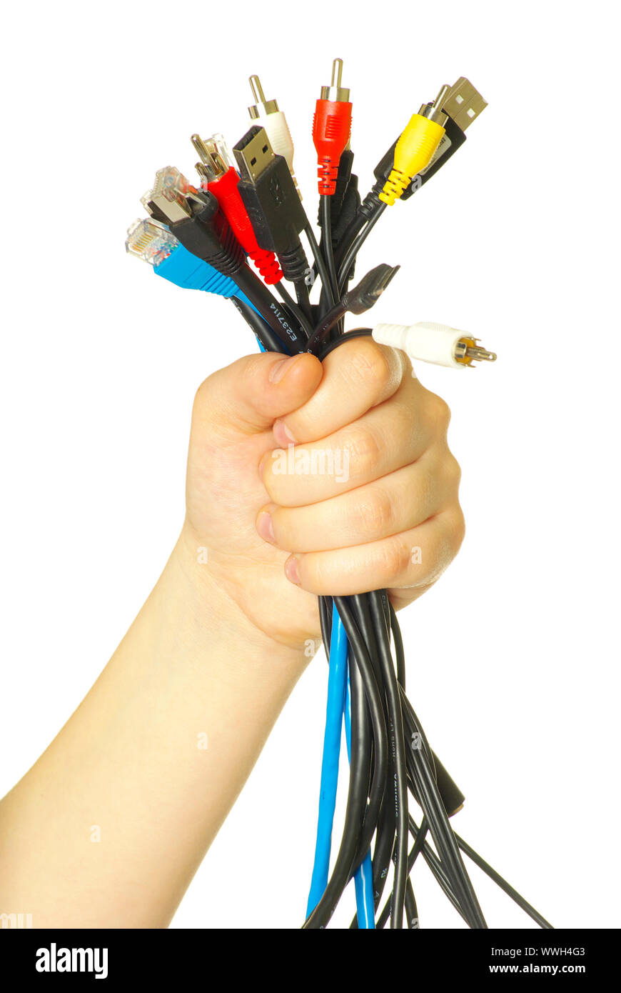 Computer cables in hand isolated on white background Stock Photo - Alamy