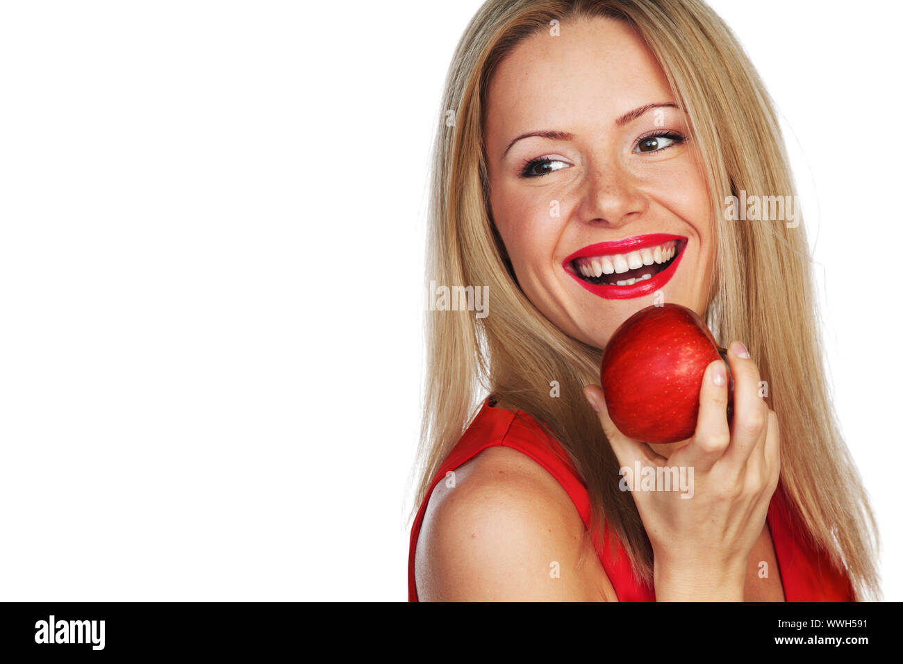 woman eat red apple on white background Stock Photo - Alamy