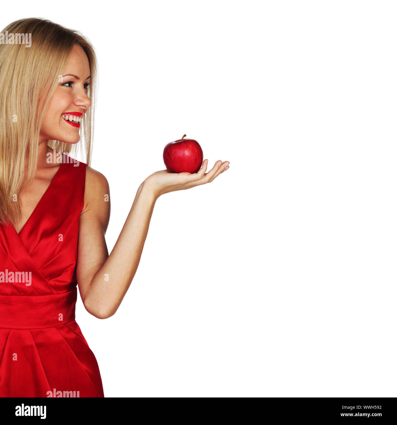 woman eat red apple on white background Stock Photo - Alamy