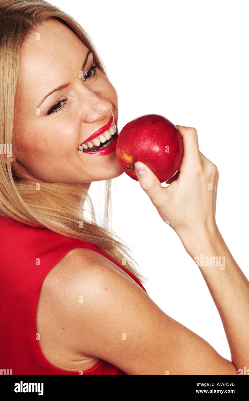woman eat red apple on white background Stock Photo - Alamy