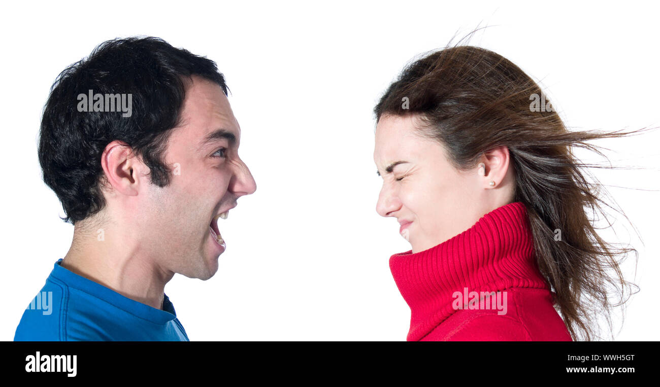 A man screaming at her girlfriend on white background Stock Photo - Alamy