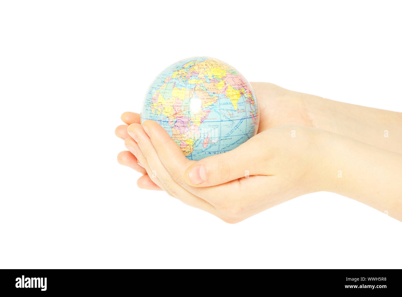 Hand holdings a globe on a white Stock Photo - Alamy