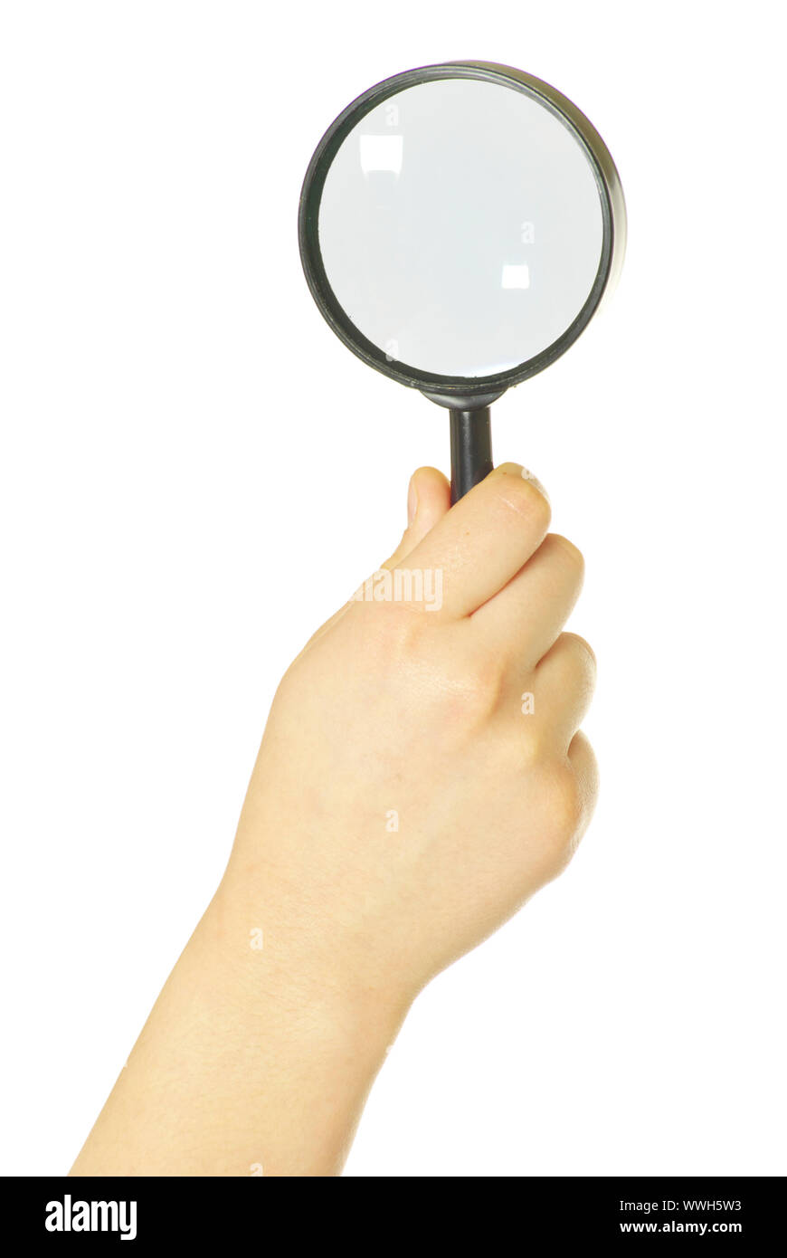 hand holding a magnifying glass on white Stock Photo - Alamy