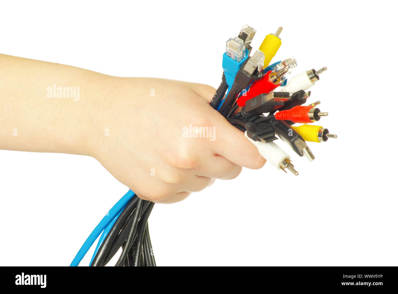 Computer cables in hand isolated on white background Stock Photo - Alamy
