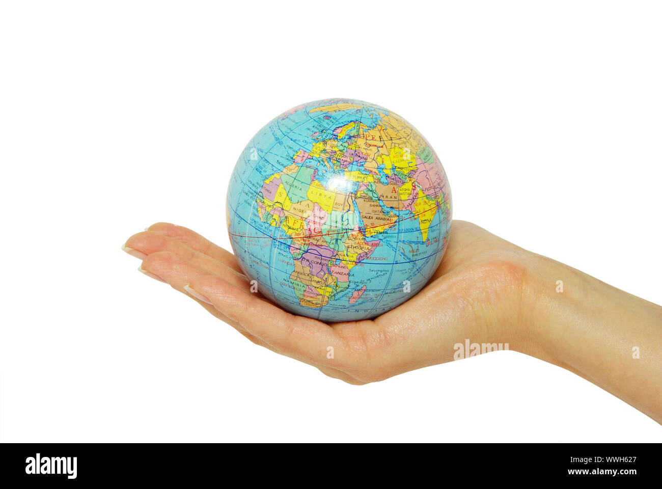Hand holdings a globe on a white Stock Photo - Alamy