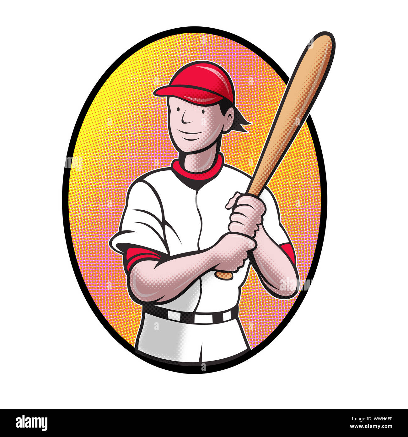 illustration of a baseball player batting cartoon style set inside oval ...