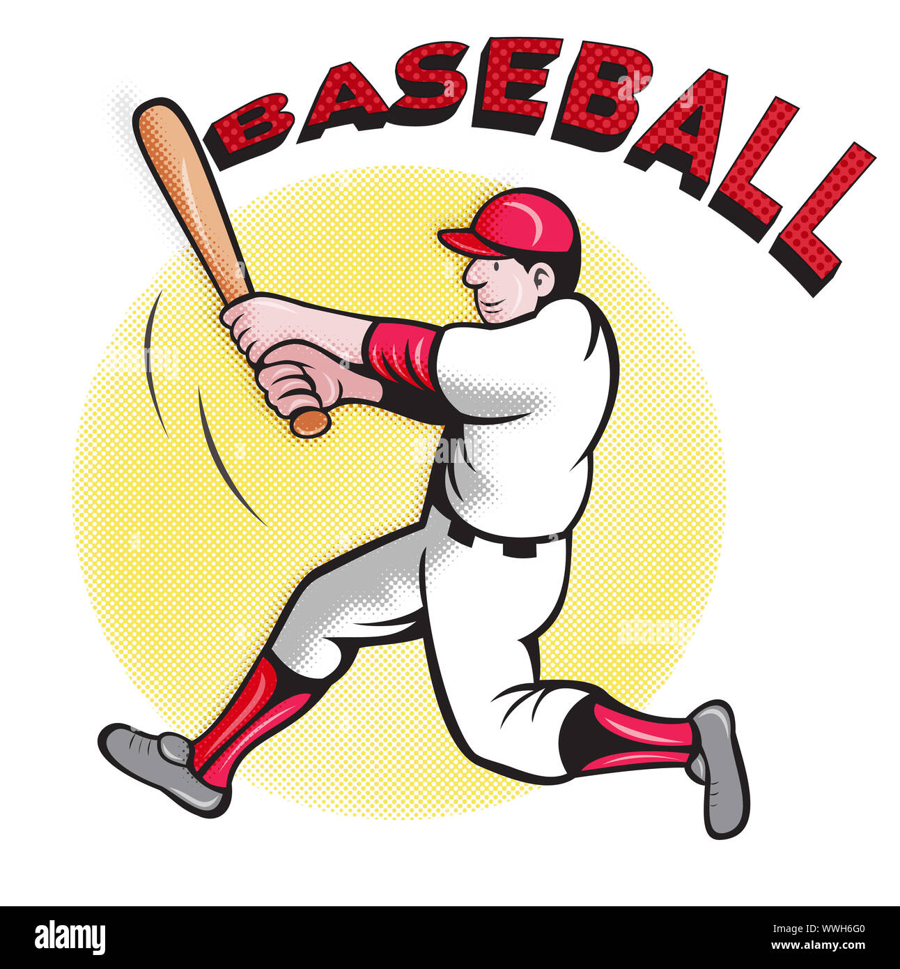illustration of a baseball player batting cartoon style with halftone ...