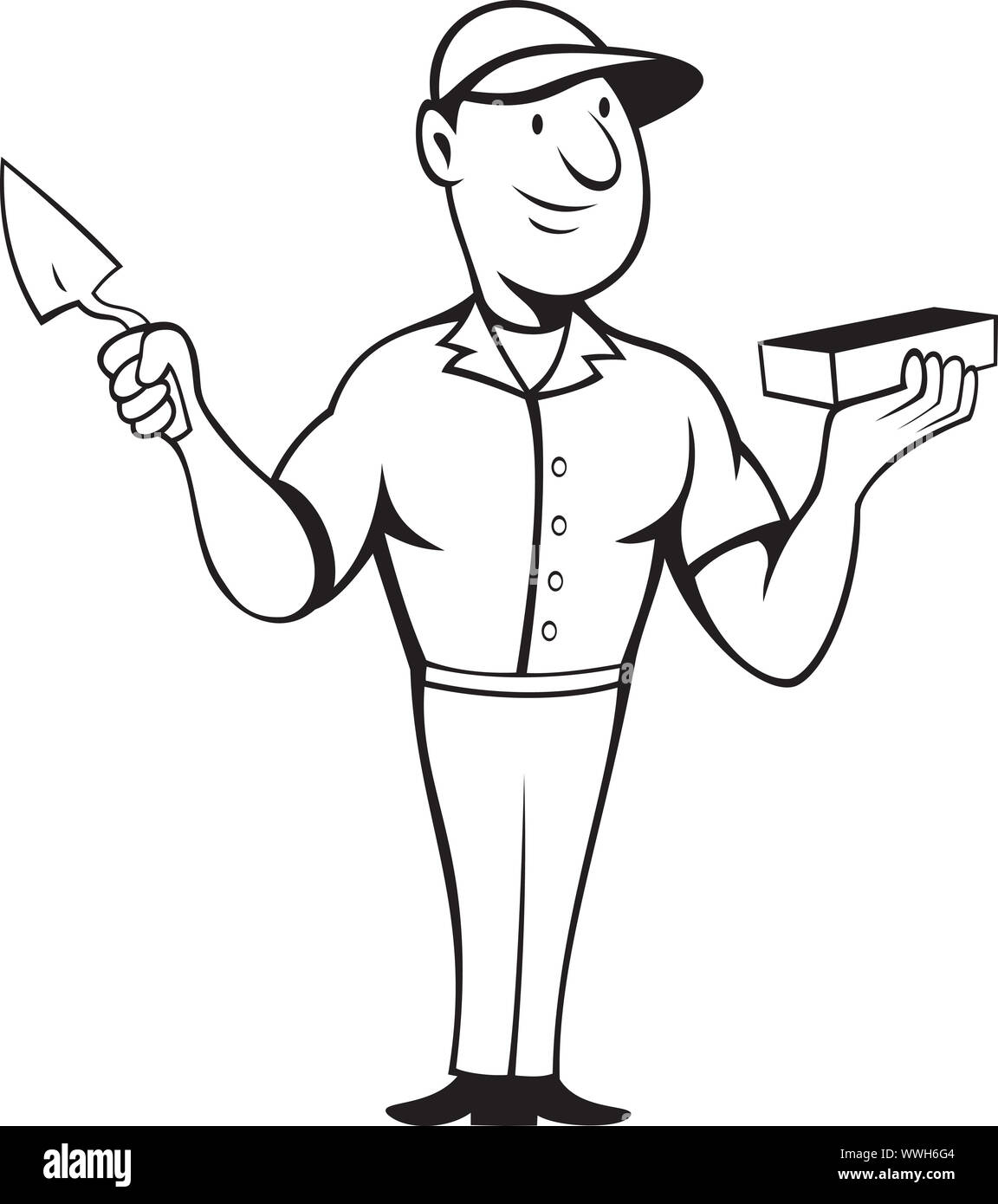 illustration of a bricklayer mason at work standing holding a brick and ...