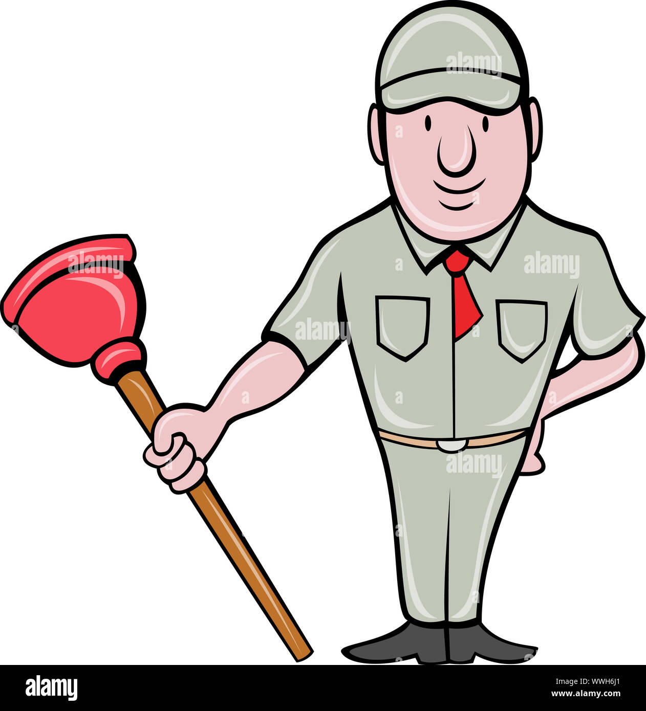 illustration of a plumber with plunger standing front done in cartoon ...