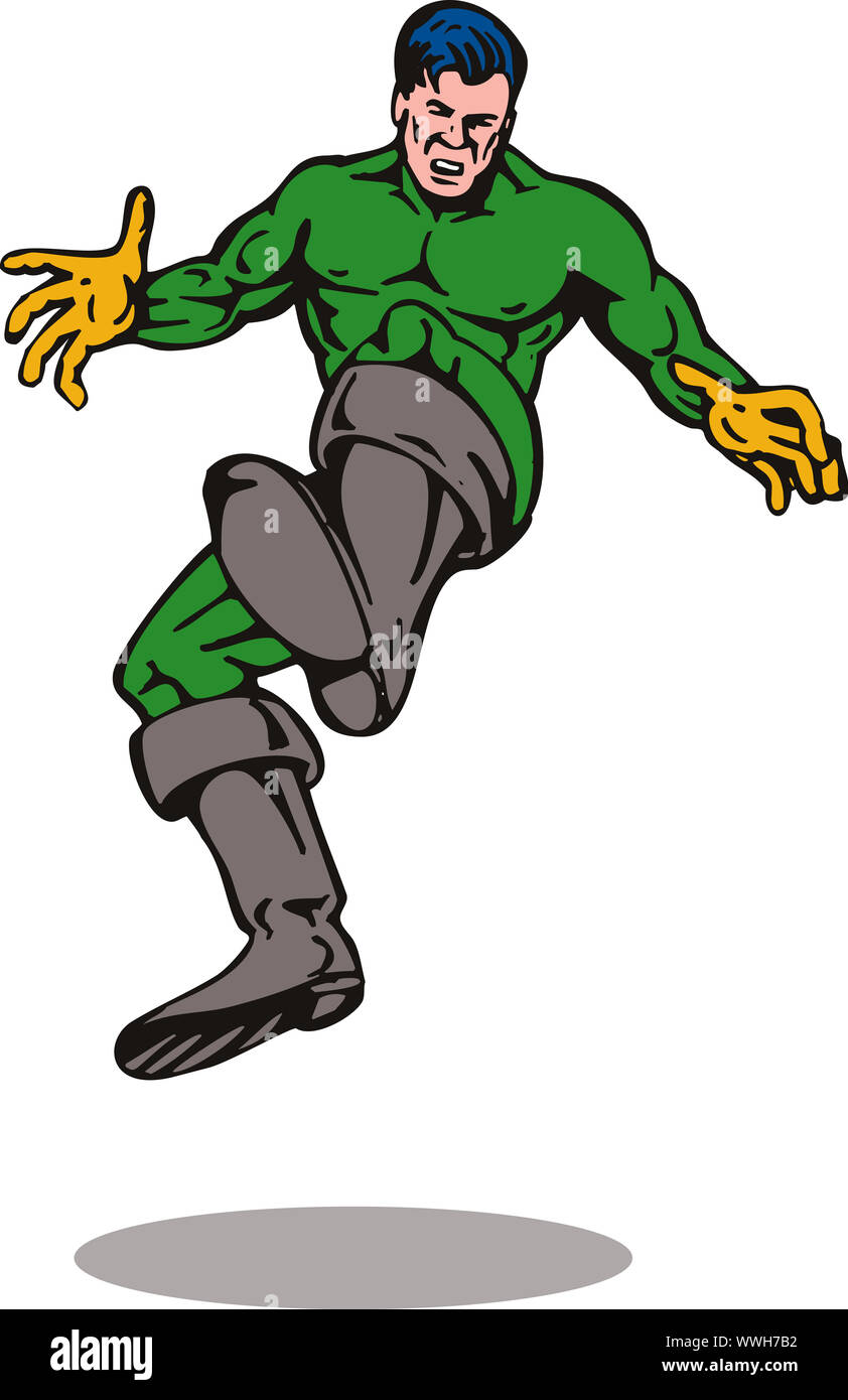 illustration of a cartoon super hero kicking isolated on white ...