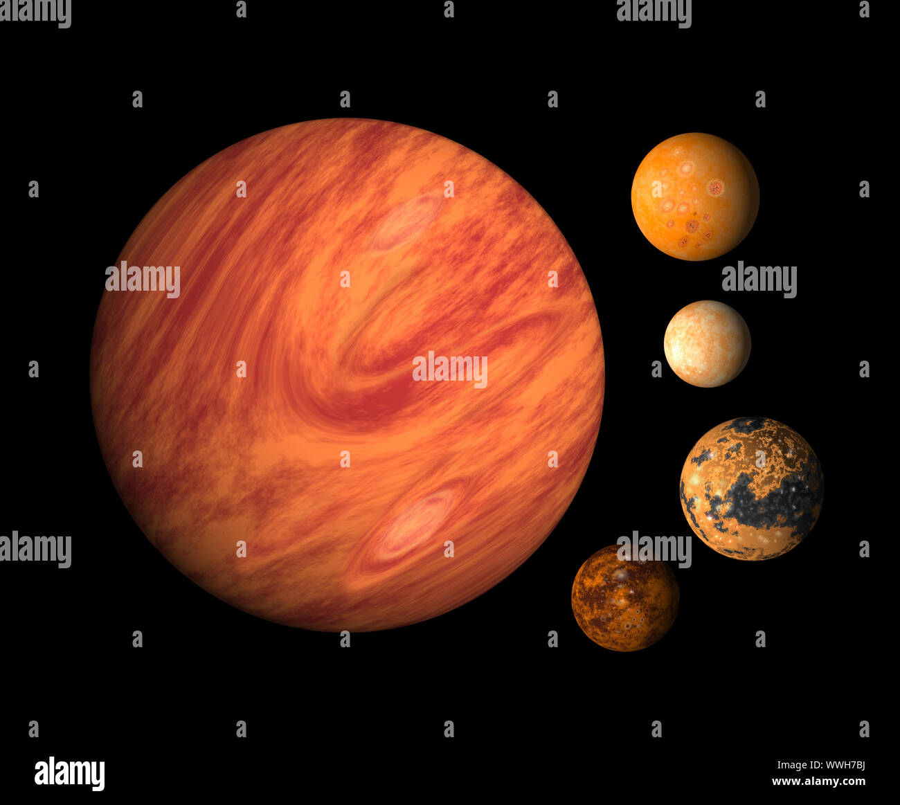 illustration of planet Jupiter with moons europa, callisto,ganymede,io ...