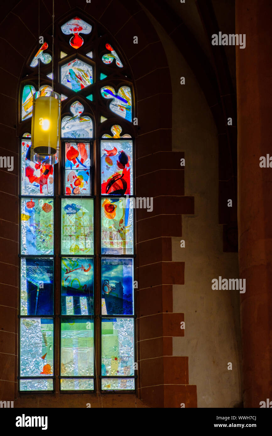 Heidelberg, Germany - August 7, 2019: Stained glass window inside the ...