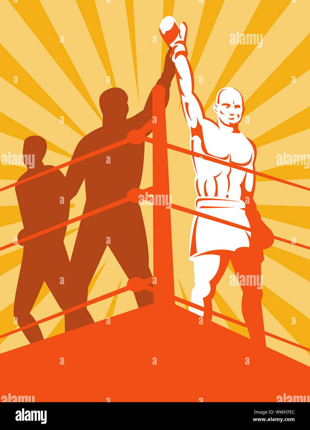 illustration of a boxer declared as winner champion by referee raising ...