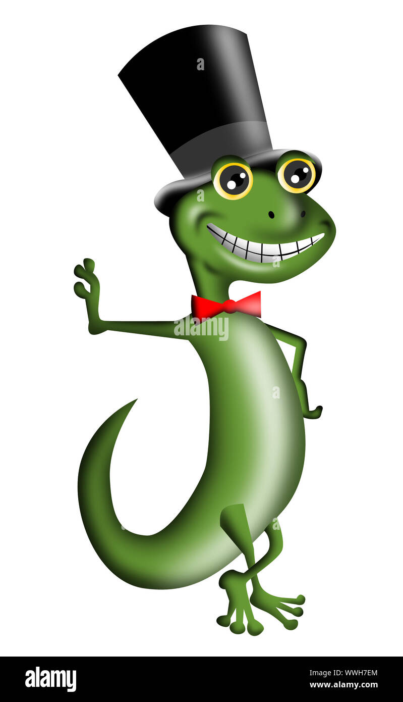 illustration of a cartoon gecko with top hat and bow tie standing ...