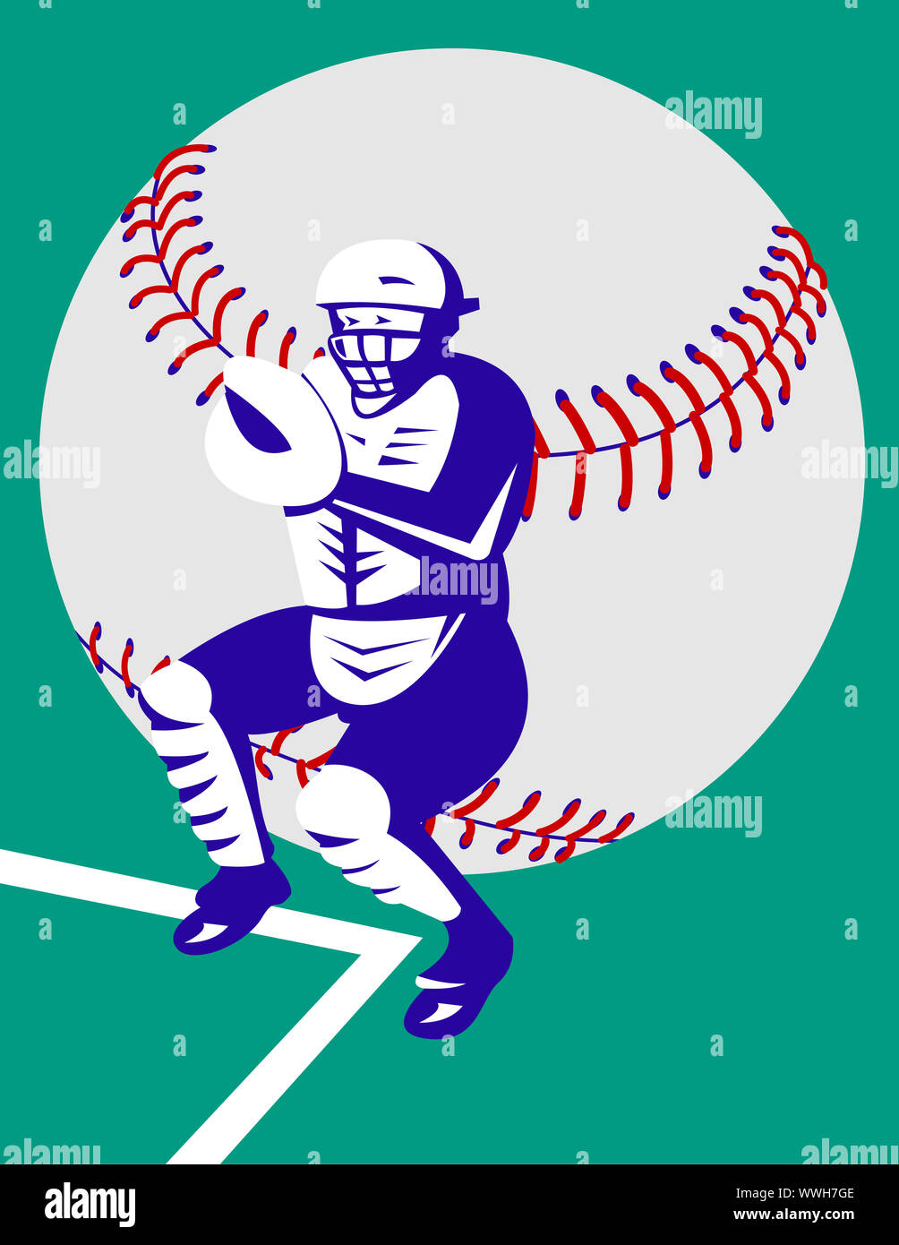 illustration of a baseball player catcher with ball in background done ...