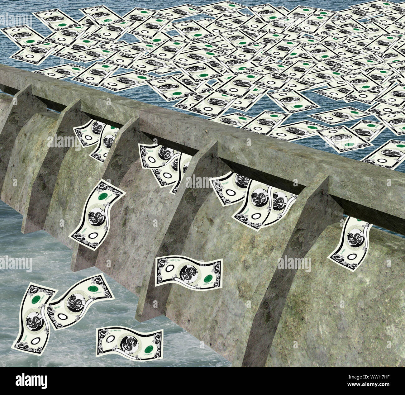 3d render of a water dam with money flowing in the water Stock Photo ...