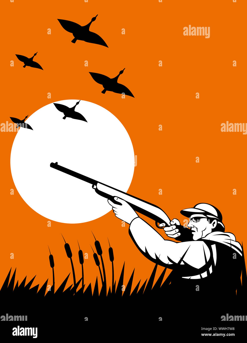 illustration of a hunter aiming shotgun rifle gun at flying duck geese ...