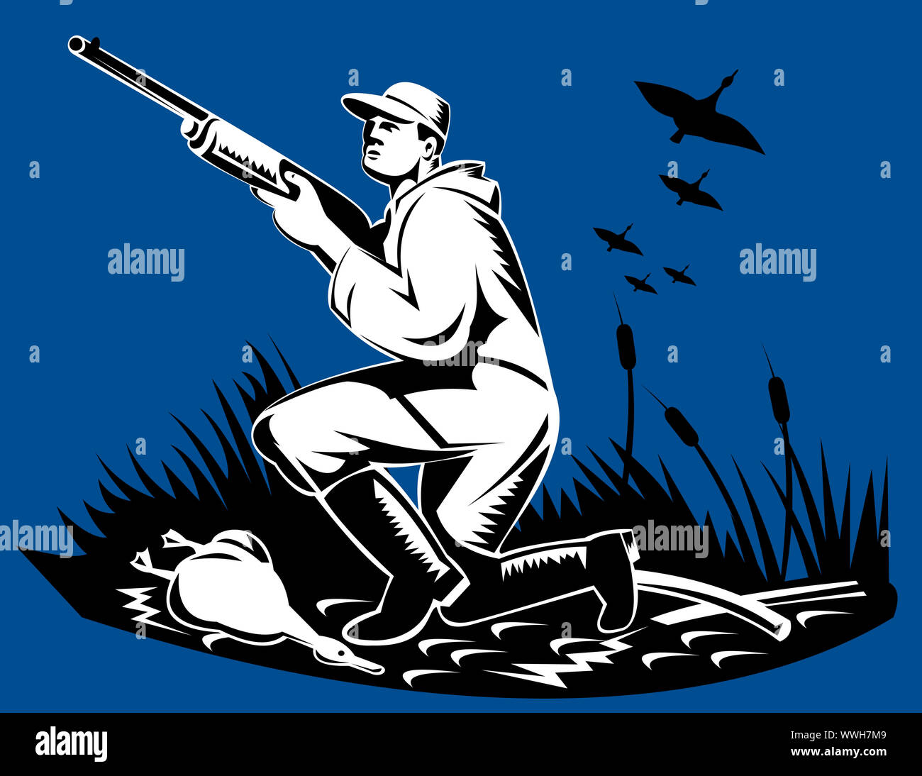 illustration of a hunter aiming shotgun rifle gun at ducks geese done ...