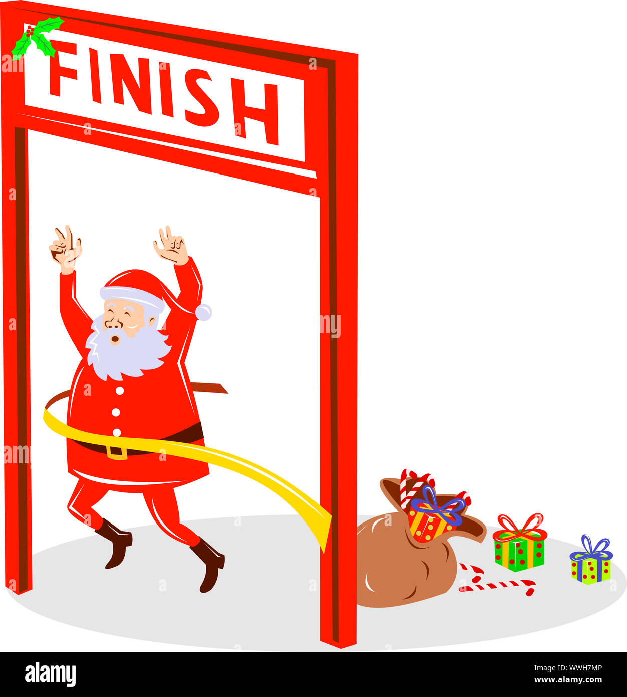 illustration of Father Christmas Santa Claus running a race on finish ...