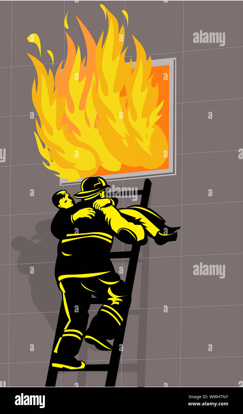 illustration of a fireman fire fighter done in retro style carrying ...