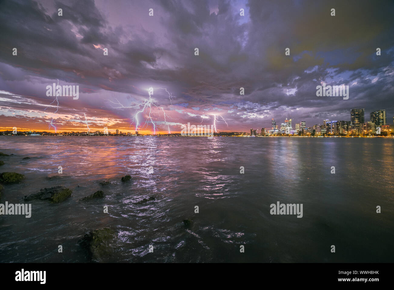 Thunder sunset coming through Western Australias capital city of Perth ...