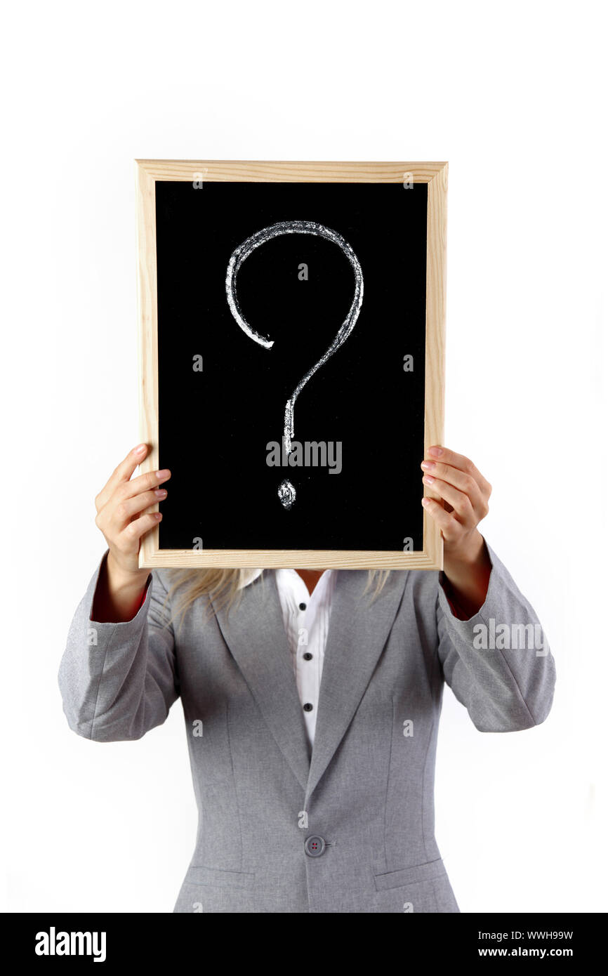 business woman take question sign in hands Stock Photo - Alamy