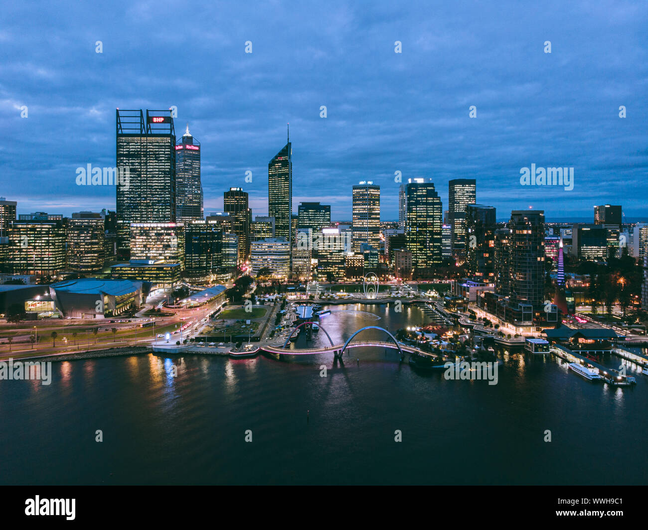 Aerial view of Elizabeth Quay with Perth CBD background in blue moment ...