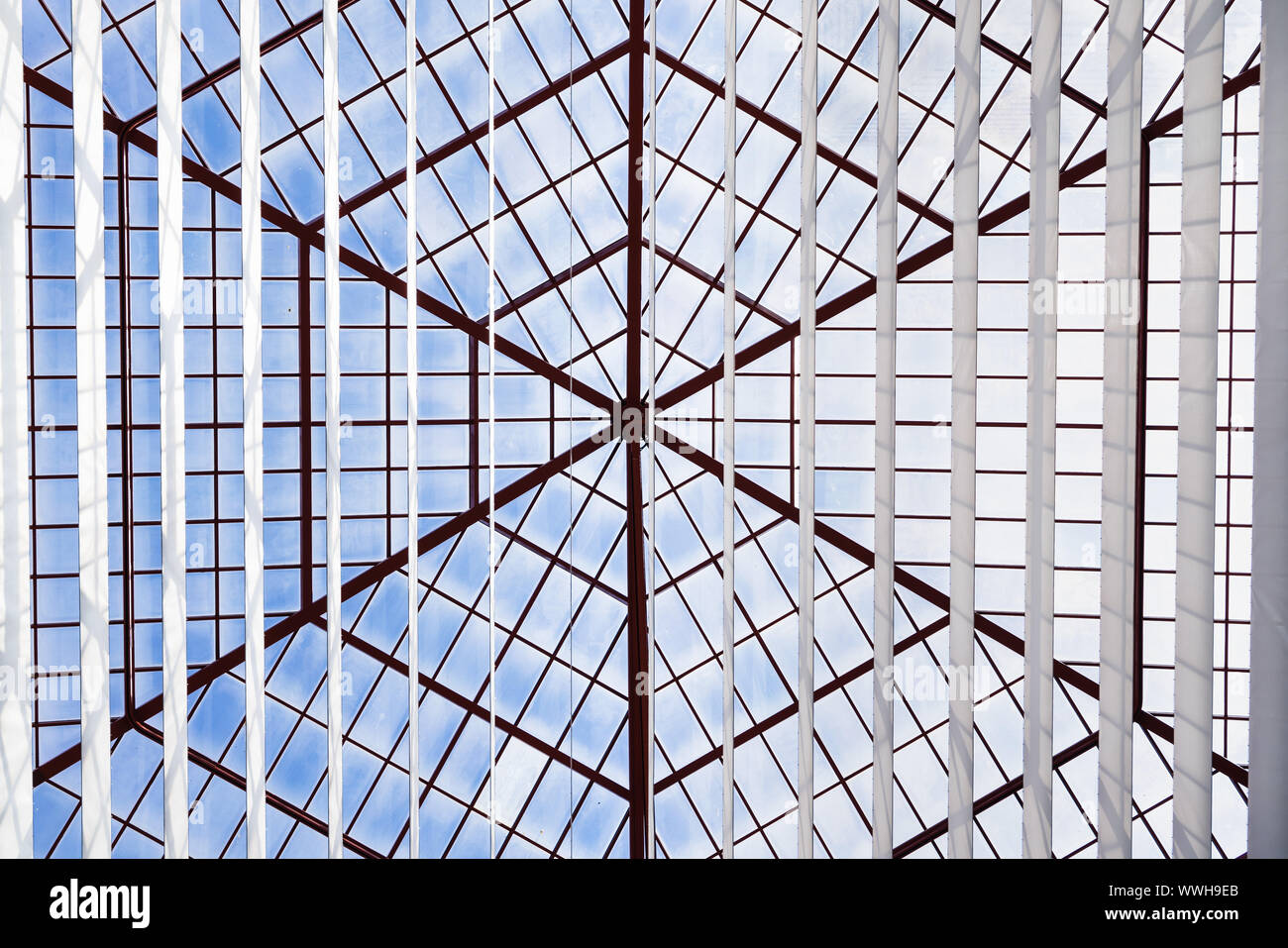 Skylight glass roof of an atrium, with geometric structure in modern contemporary architectural ...