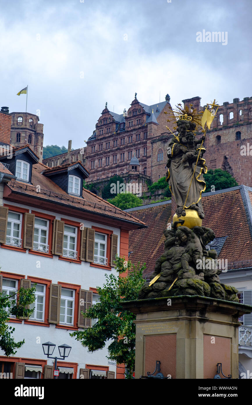 Heidelberg, Germany - August 7, 2019: The Madonna statue in Kornmarkt ...